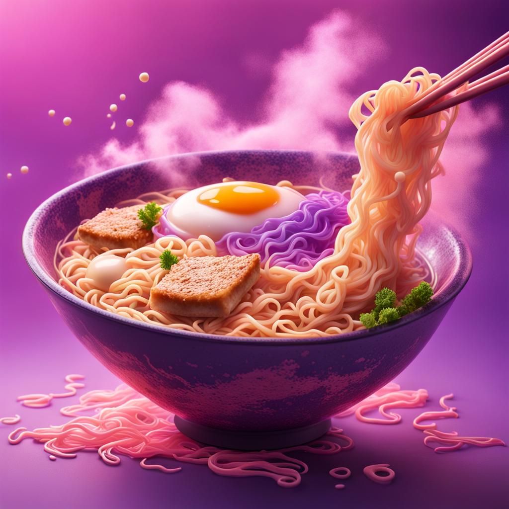 Ramen surrounded by puffs of violet smoke and specked with bright pink ...