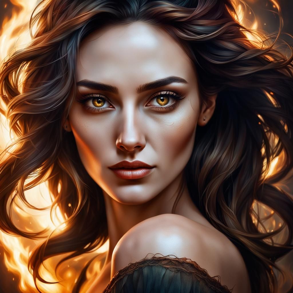 Inferno Gaze Portrait of a Dark-Haired Woman with Yellow Eyes Amidst ...