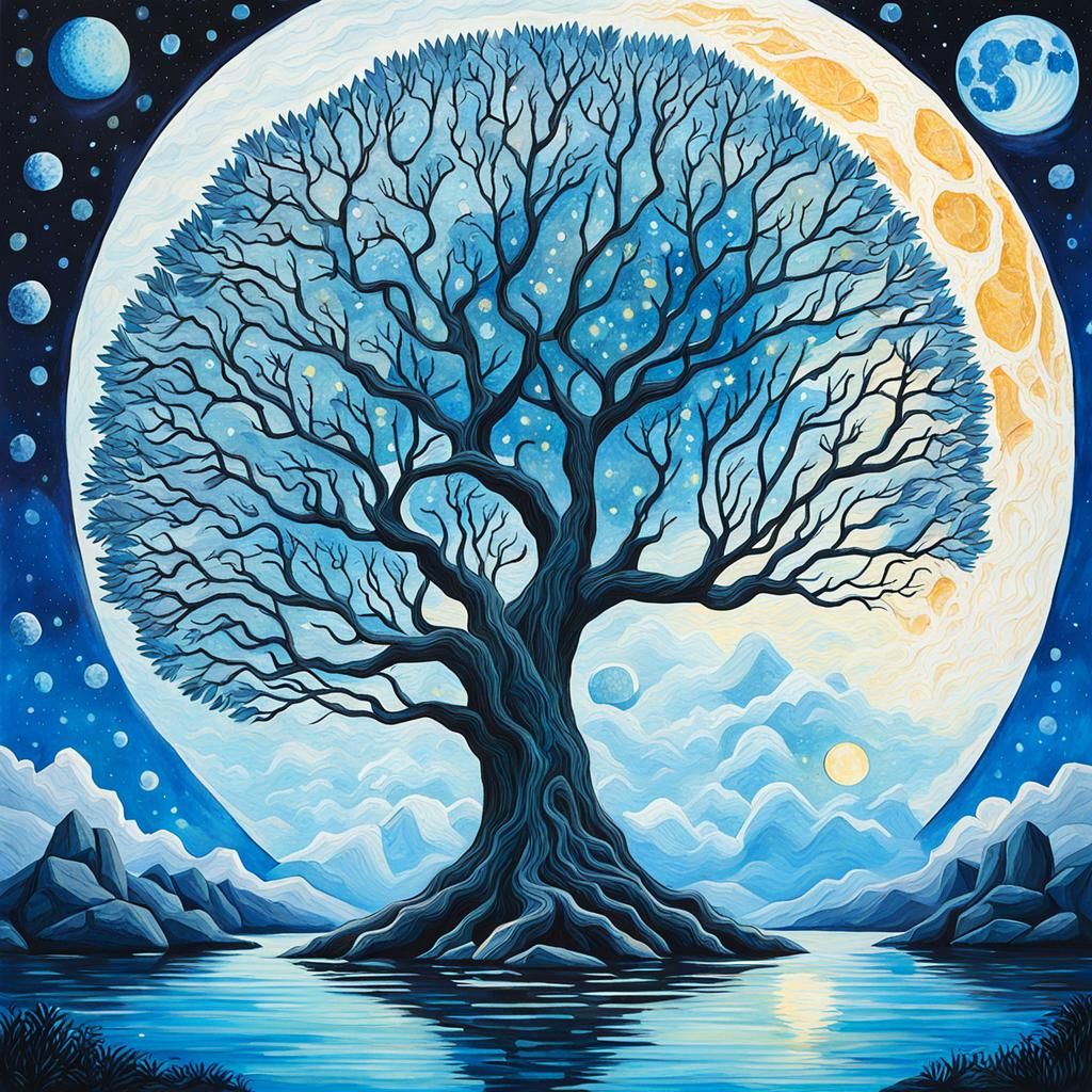 crystalline moon tree water stargate illuminated sky space - AI ...