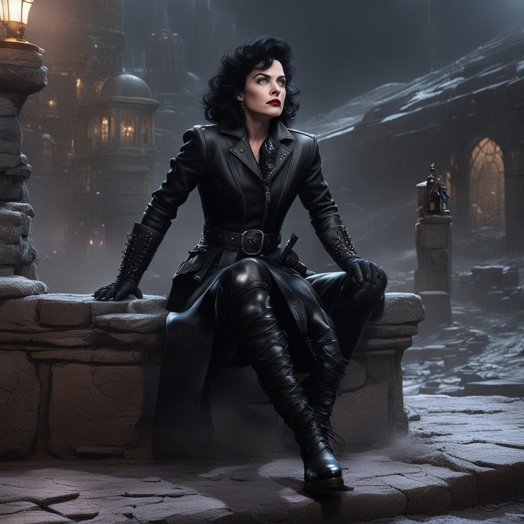 Sherilyn Fenn dressed in black leather wearing black platform boots ...