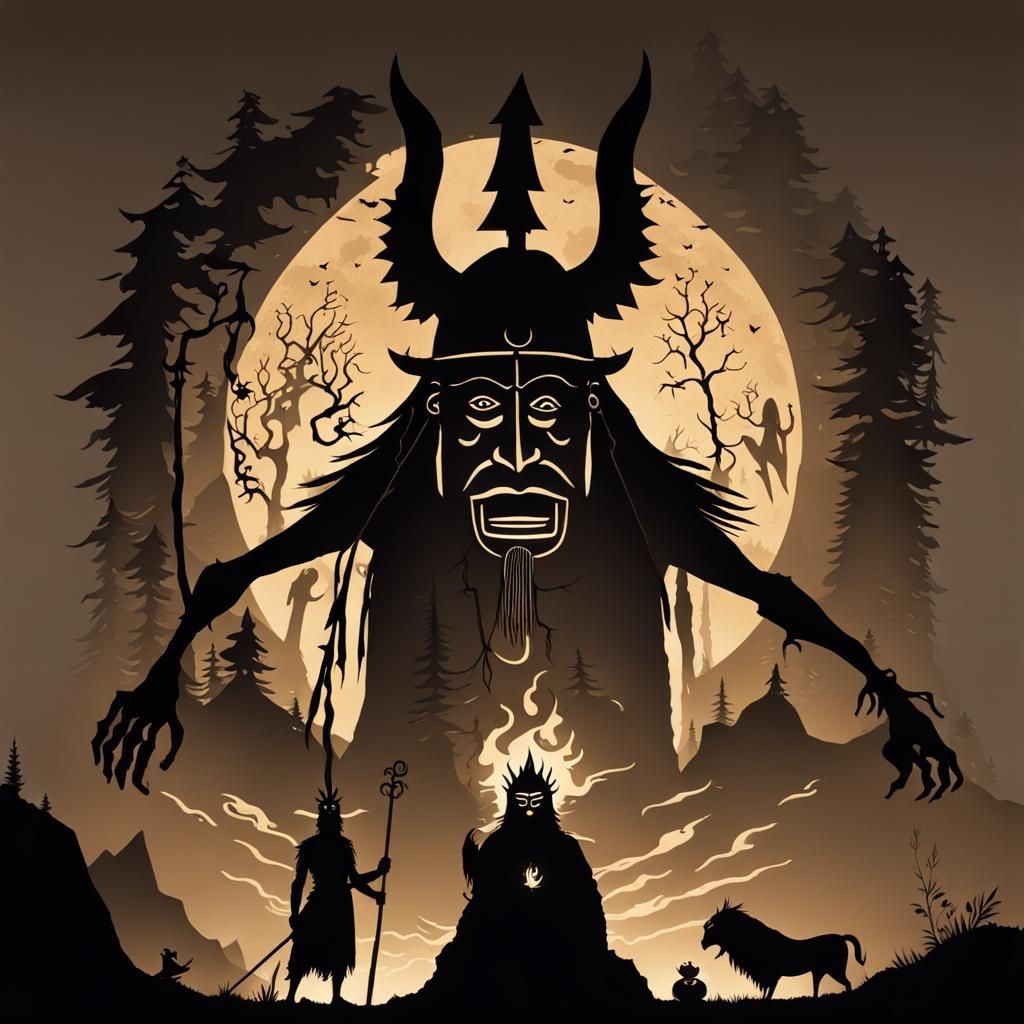 Shaman wearing Neolithic stone mask, in the background a sacred ...