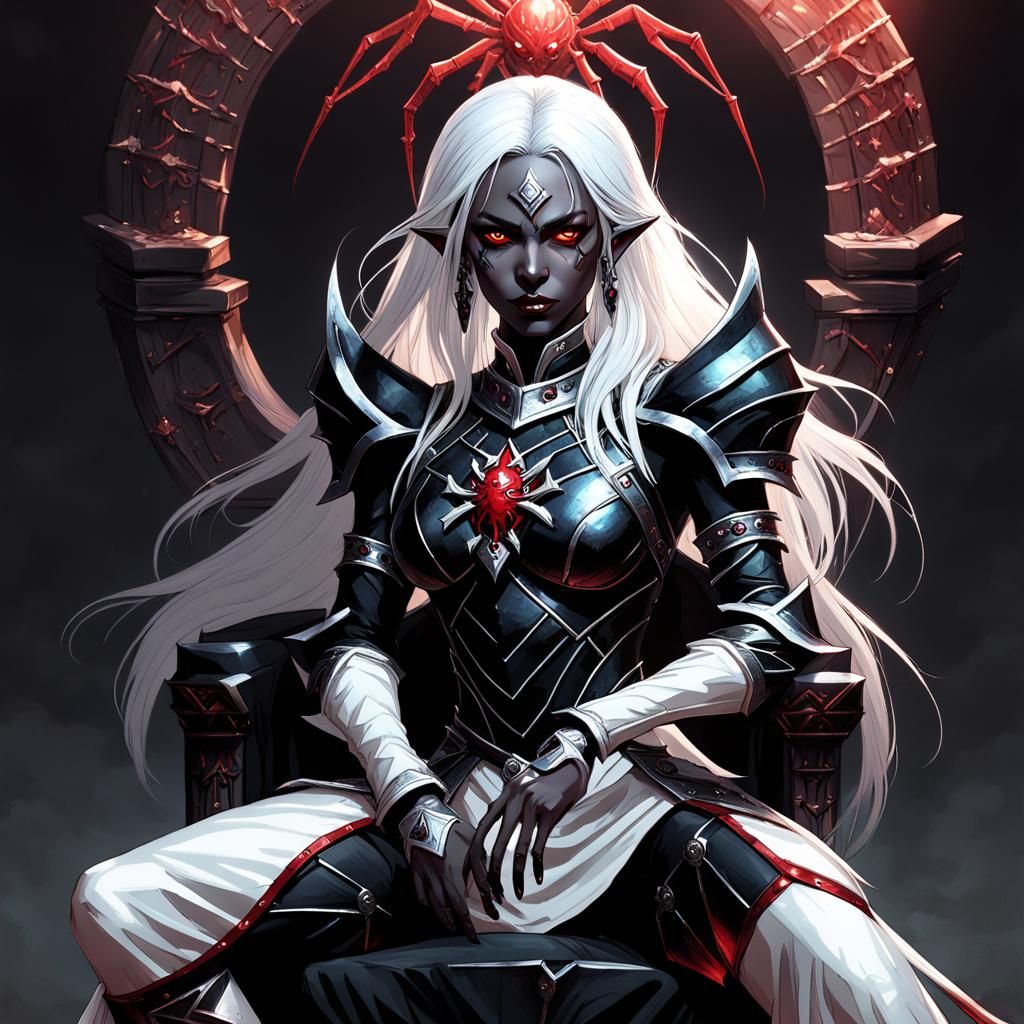 a Dungeons & Dragons style female drow, long white hair, red eyes, full ...