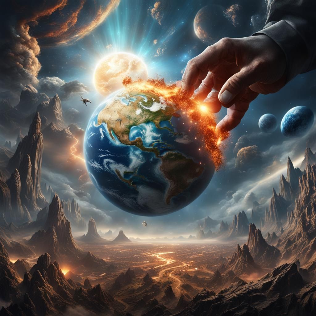 Hand of God, coming down from the sky and punching planet Earth - AI ...