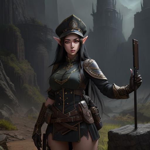 meek black long hair elf girl with a miltary uniform short skirt hat ...