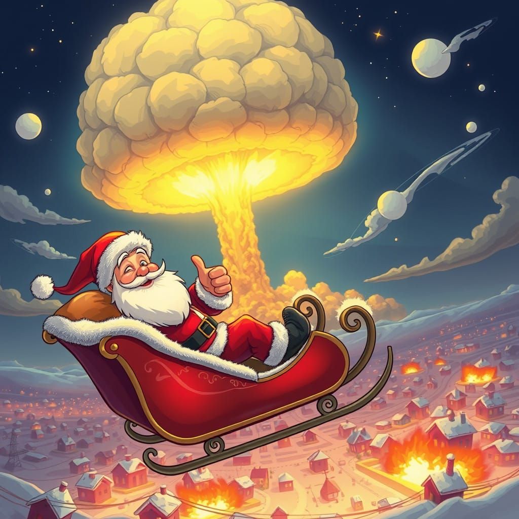 Santa dropping "gifts" - Santa's Blazing Thumbs-Up Amid Mush...