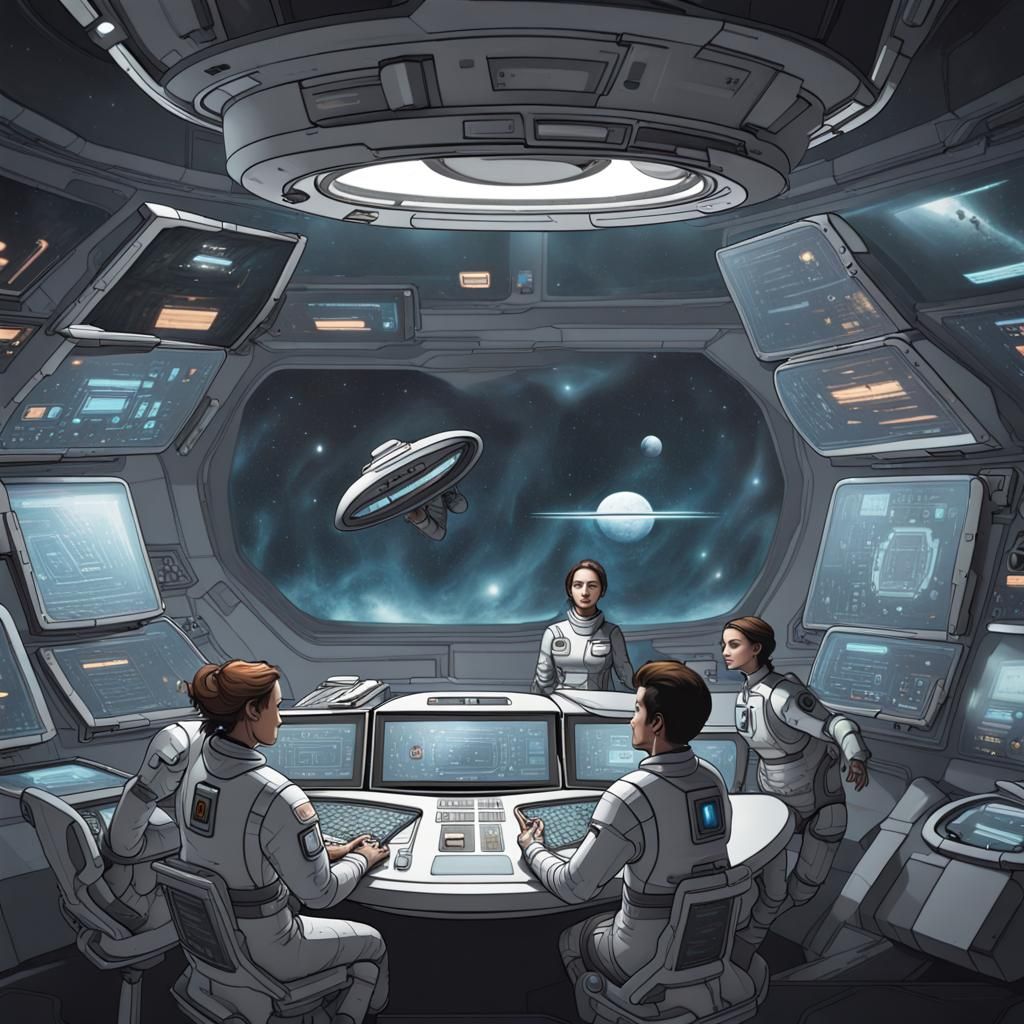 Illustrate futuristic life on a spaceship, portraying weightless daily ...