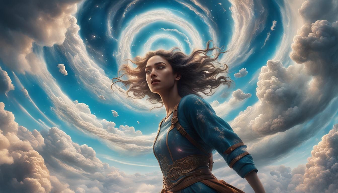 beautiful girl falling through a celestial vortex made up of clouds ...