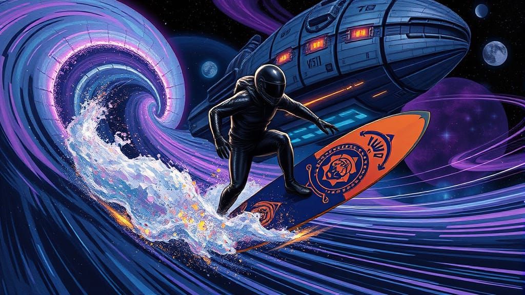 Cosmic Space Surfer Rides Gravity-Defying Wave Thr... - AI Art