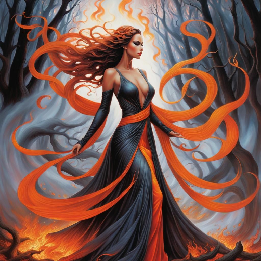 It's as if the elements, the wind, fire the forest, all bent to her will... - AI Generated ...