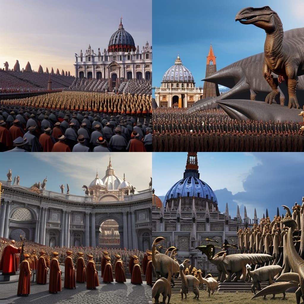 dinosaur pope in ceremonial robes and hat and holding crosier giving a ...