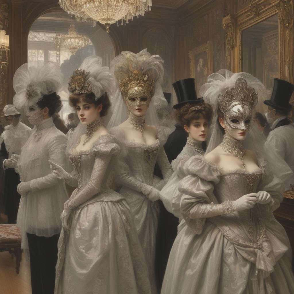 art by James Tissot, indistinct figures concealed behind veils of high ...