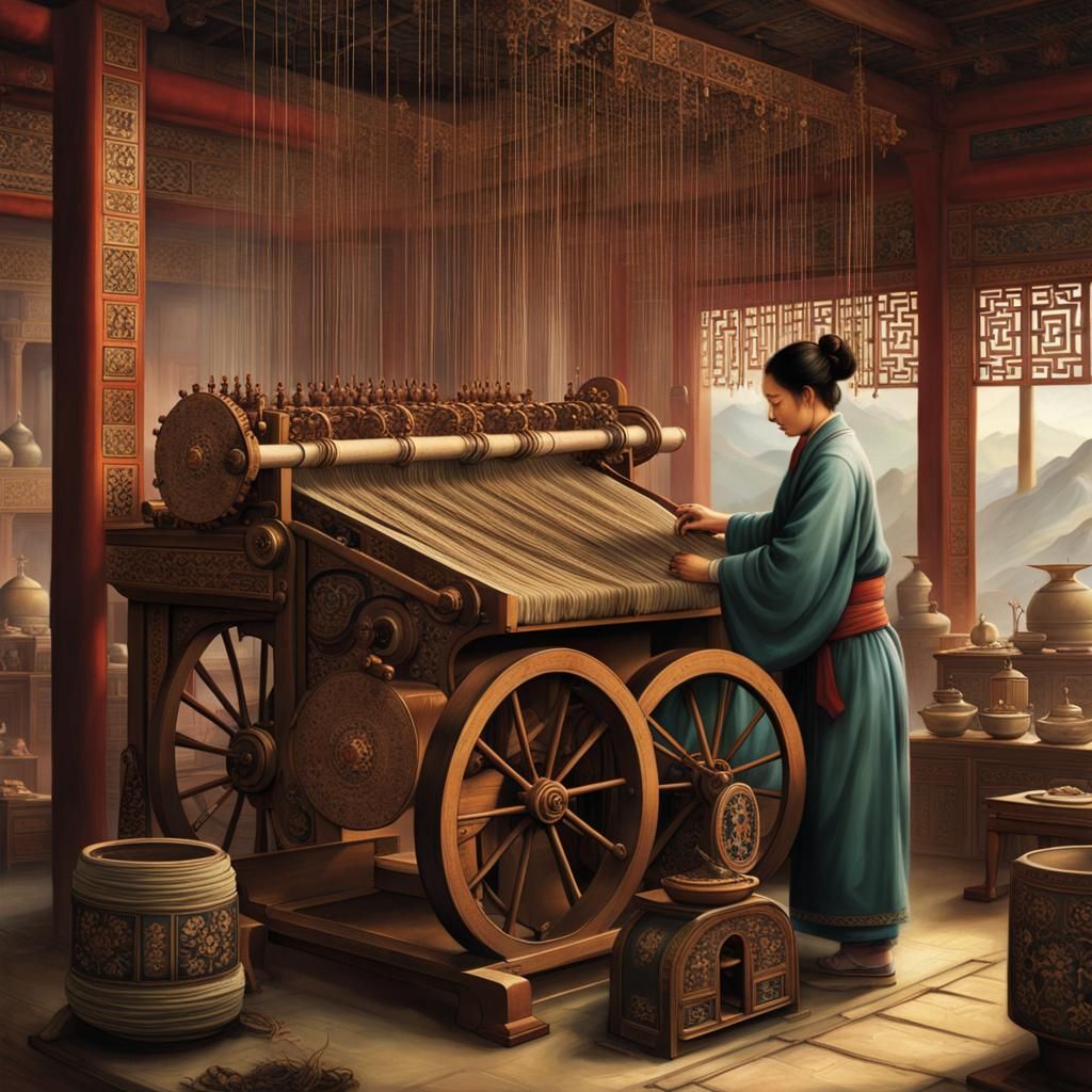 Ancient China developing silk looms and spinning wheels—devices ...