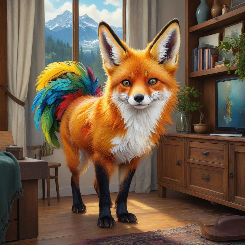 In his Switzerland home a Fox-Chicken has colorful tail feathers and ...