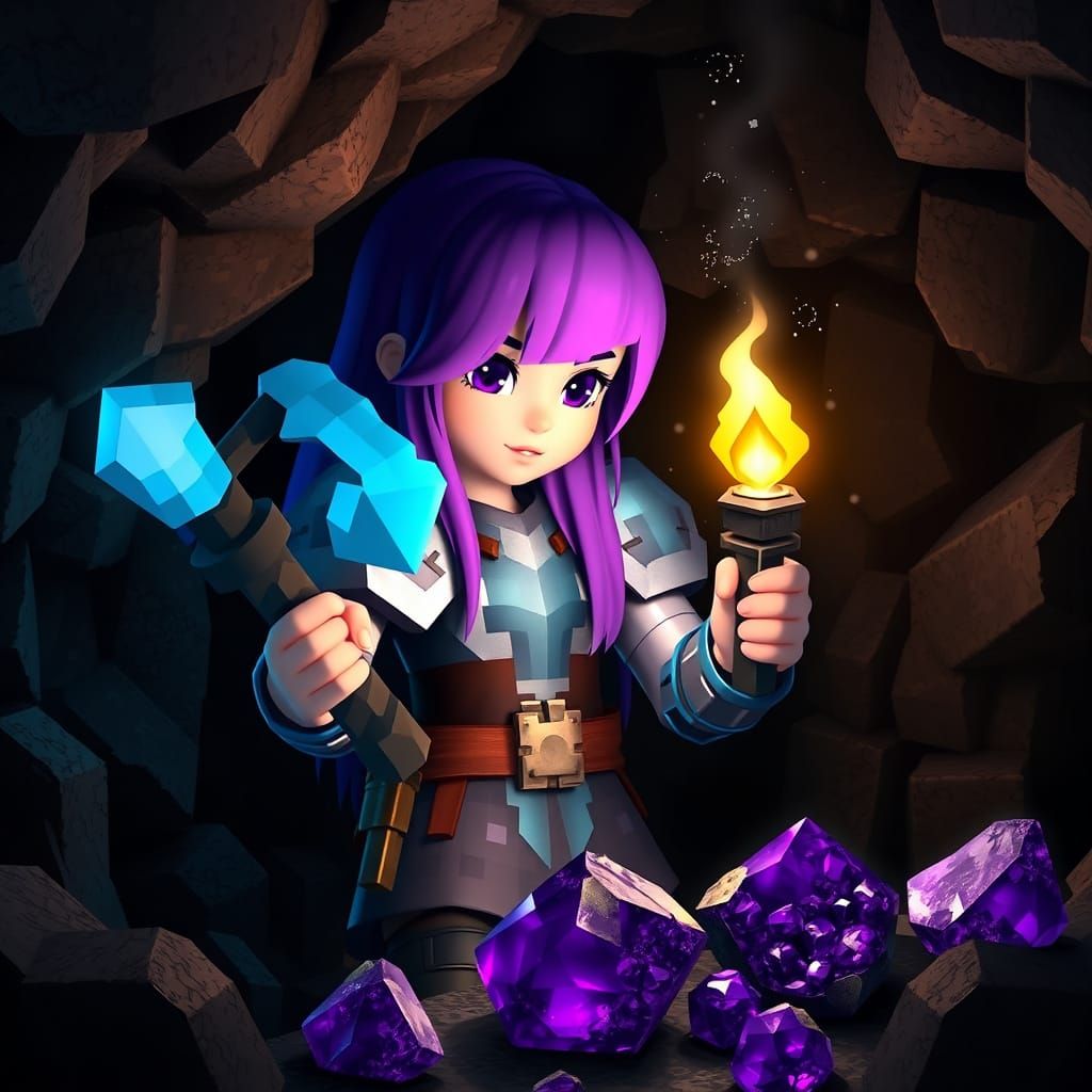 A young female Minecraft player with vibrant purple hair and pale skin ...