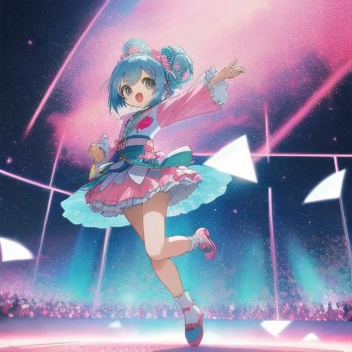 A chibi moe style girl with short light blue hair jumping very high in ...