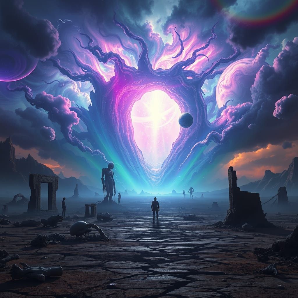 Ethereal Portal Unfolds Over Desolate Wasteland in... - AI Art