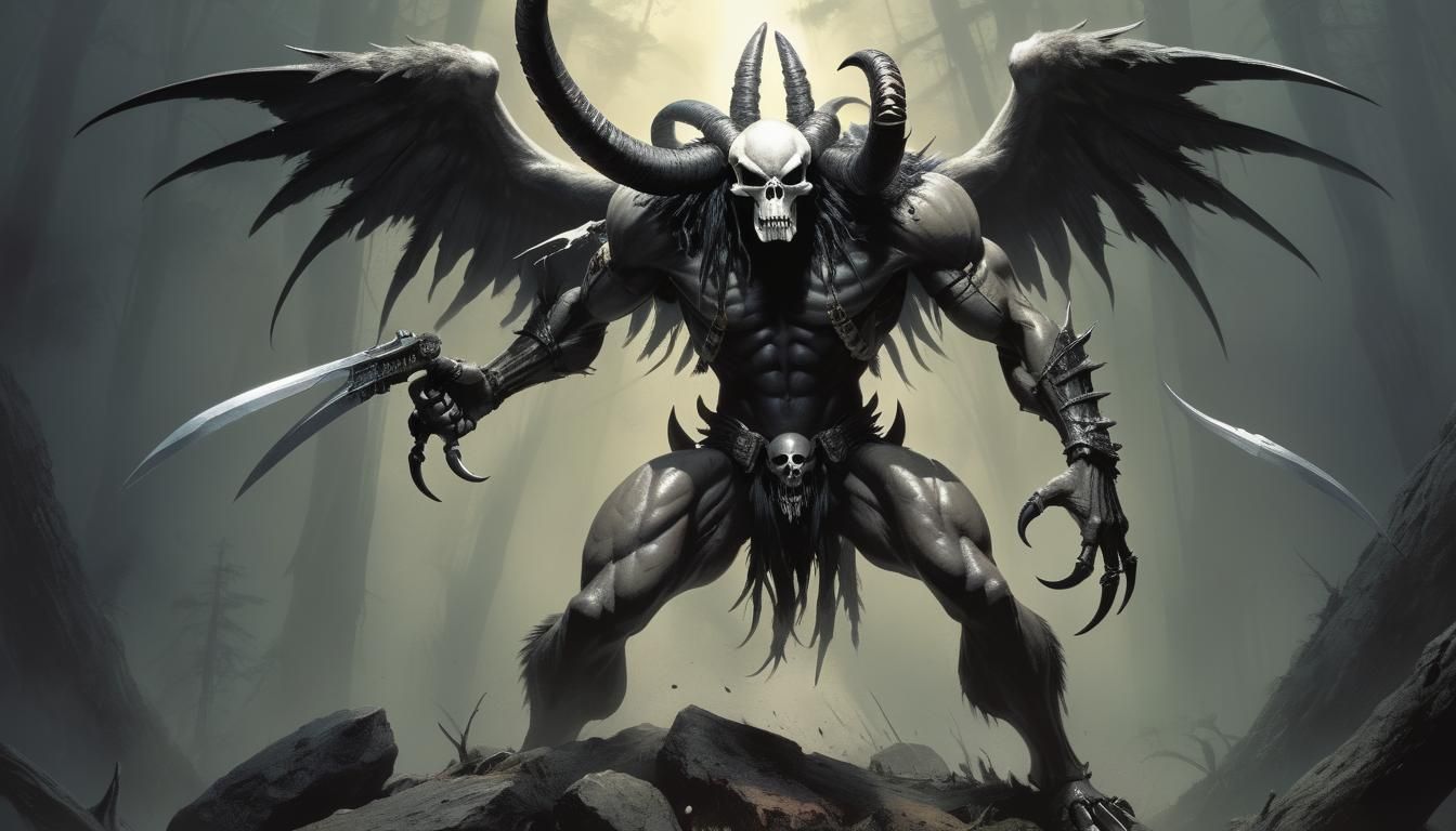 Mutant, grey and black skin, skull face, tall and muscular, ram’s horns ...