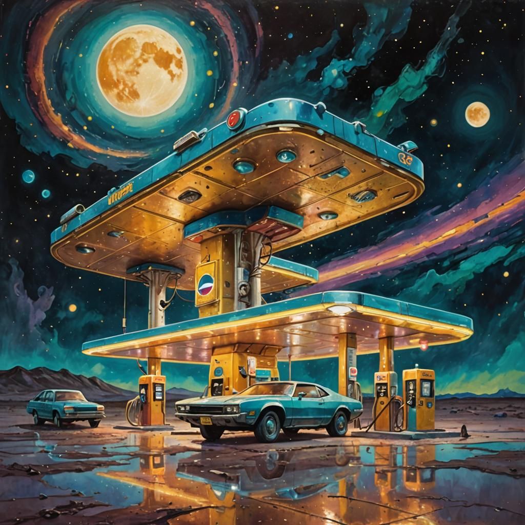 Ethereal Moon Gas Station in Triadic Colors, Cyber... - AI Art