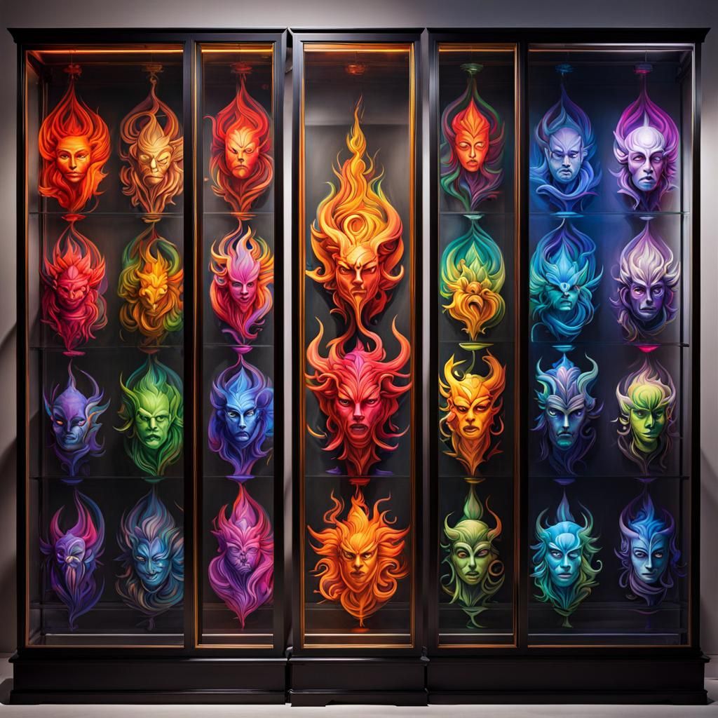 5 demons/spirits, colored in different chakras, in a display case in a ...