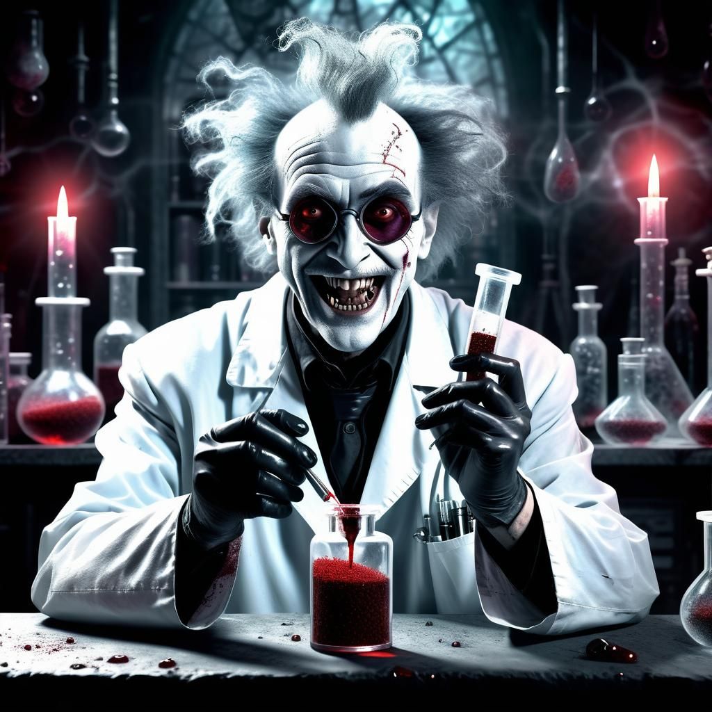 Crystal science with a mad scientist experimenting on a vial of ...