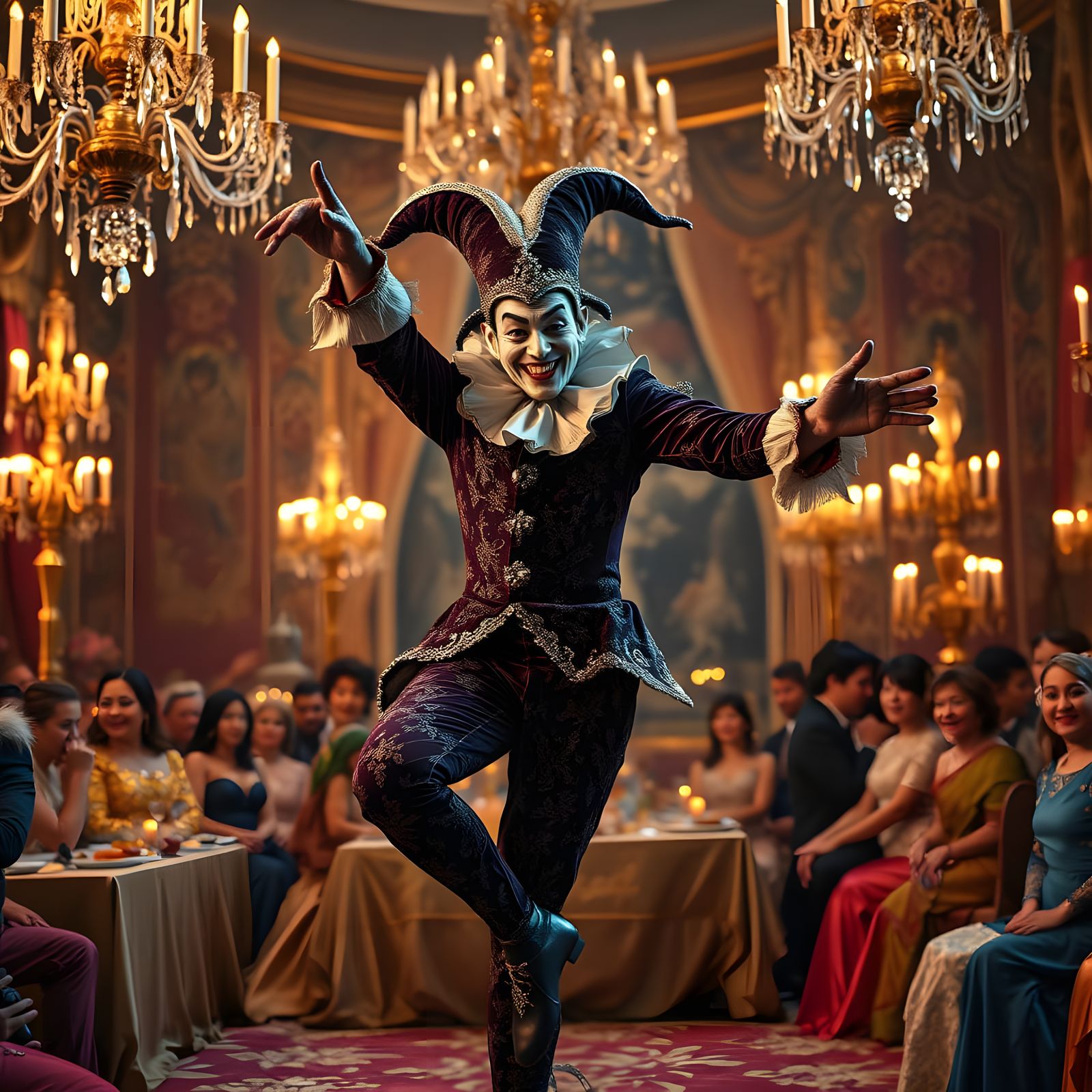 A whimsical jester performing at a grand feast, surrounded by enchanted ...