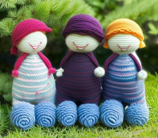 3 smiling little yarn-dolls : r/nightcafe