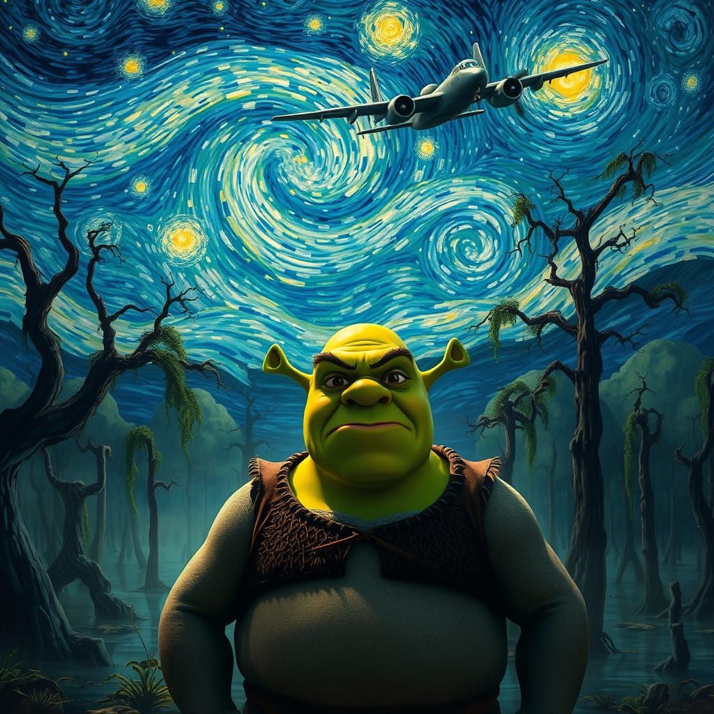Grumpy Shrek Surrounded by Warthog and Starry Nigh... - AI Art