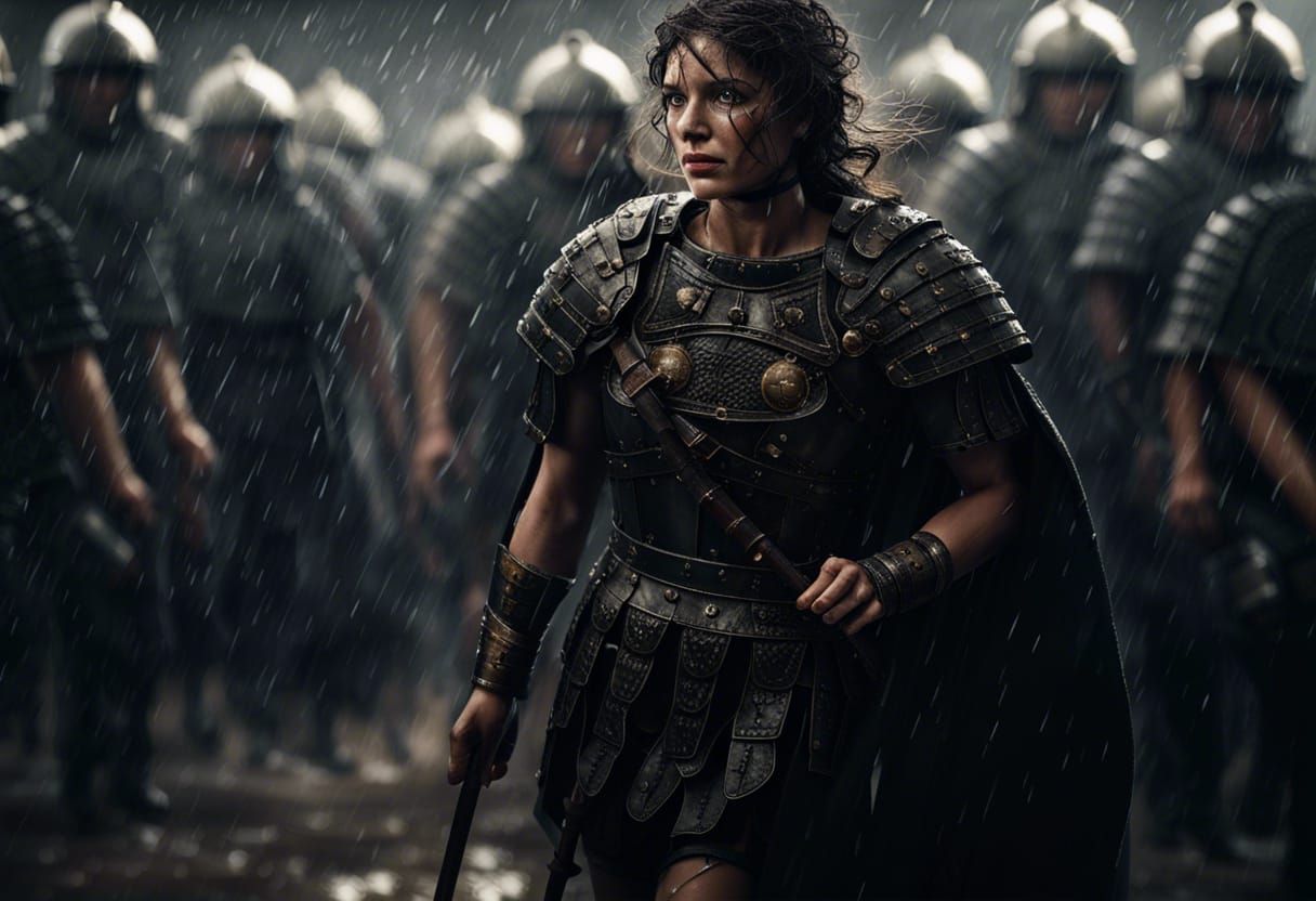 full body chiaroscuro image of a Roman woman, in black plate armor ...