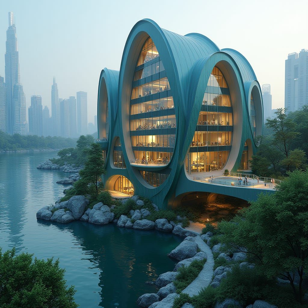 Semi-Circular Futuristic Cityscape Rises from Lake... - AI Art