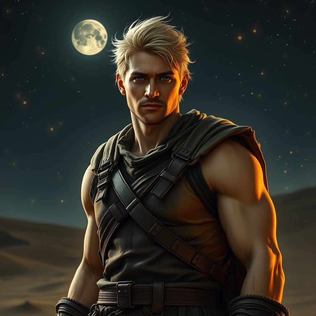 Mysterious Desert Adventurer Under Ember Skies - AI Art