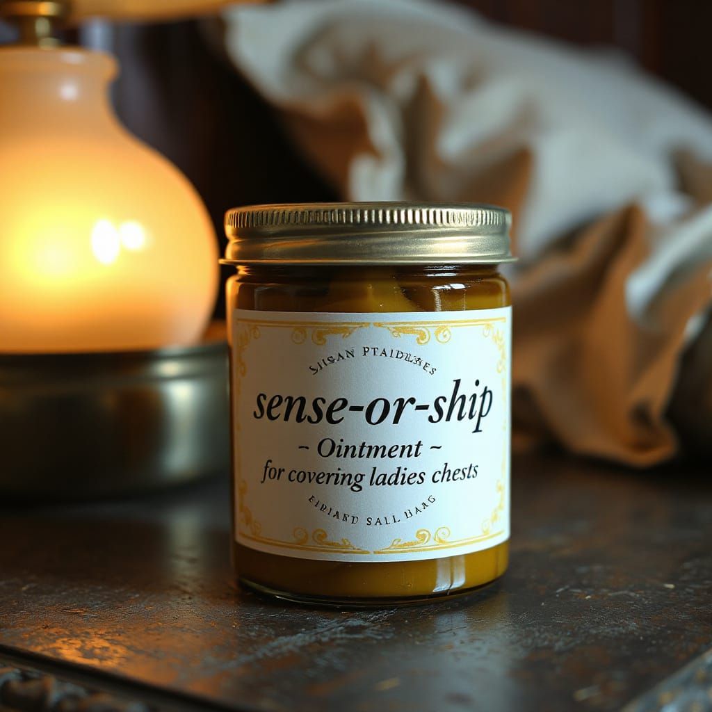 Close up Jar of ointment label "sense-or-ship, for covering ladies ...