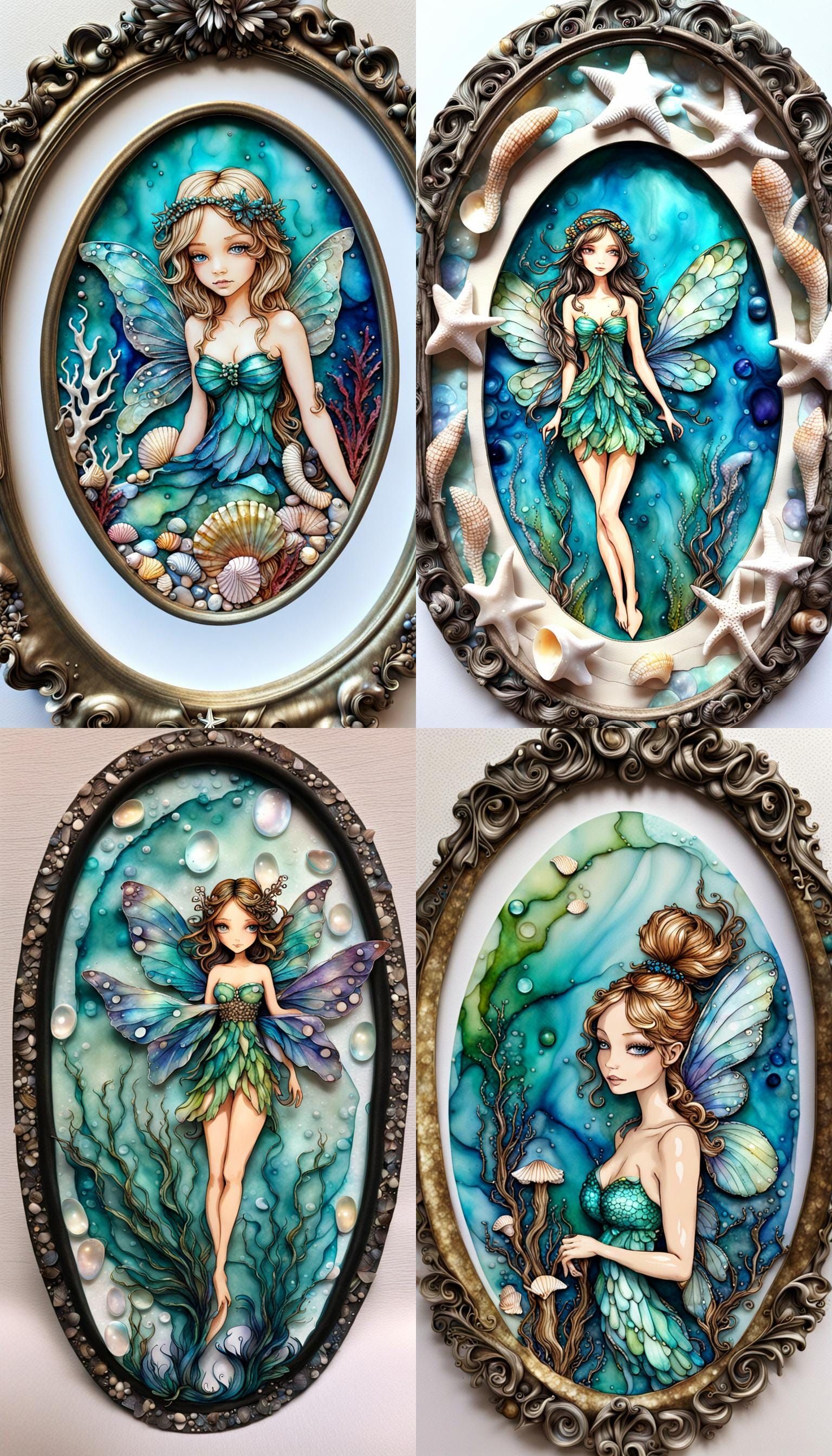 Alcohol ink. Ocean fairy. Oval Shells frame behind fairy. - AI ...