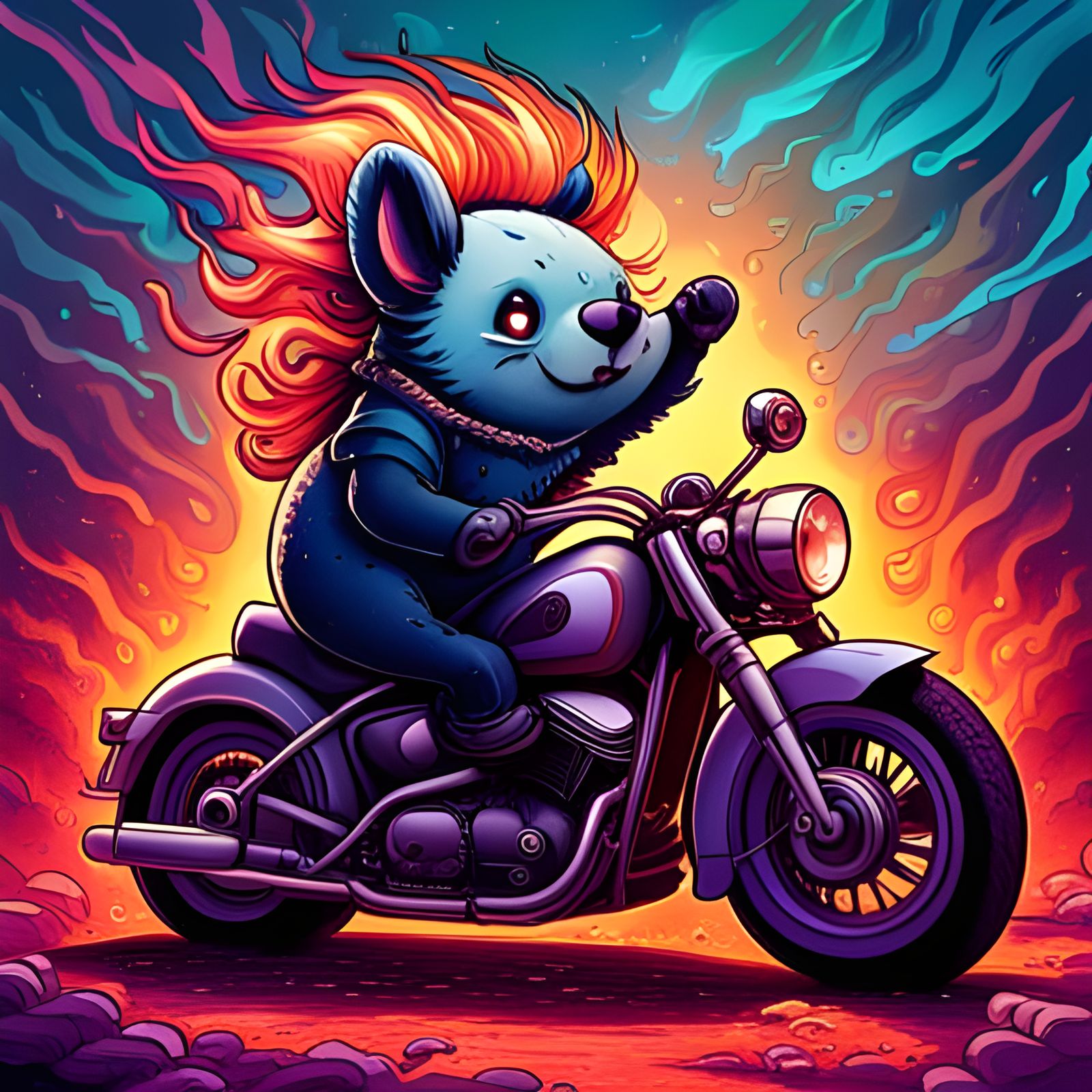over-detailed cute wombat riding a chopped Harley in an explosion of ...