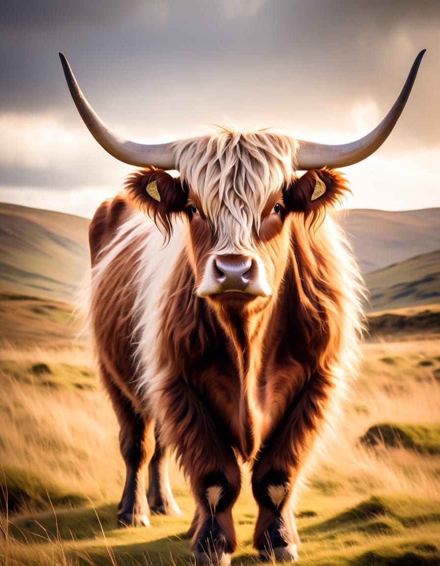 A rugged and wild Scottish long horn cow, its shaggy hair blowing in ...