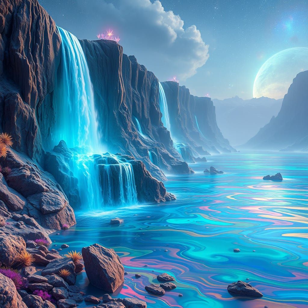 On an alien planet, a majestic waterfall cascades down