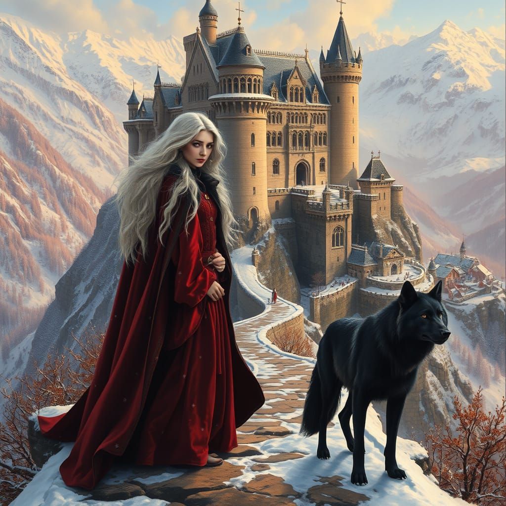 Durer-style painting of beautiful castle in a snowy winter. A woman ...