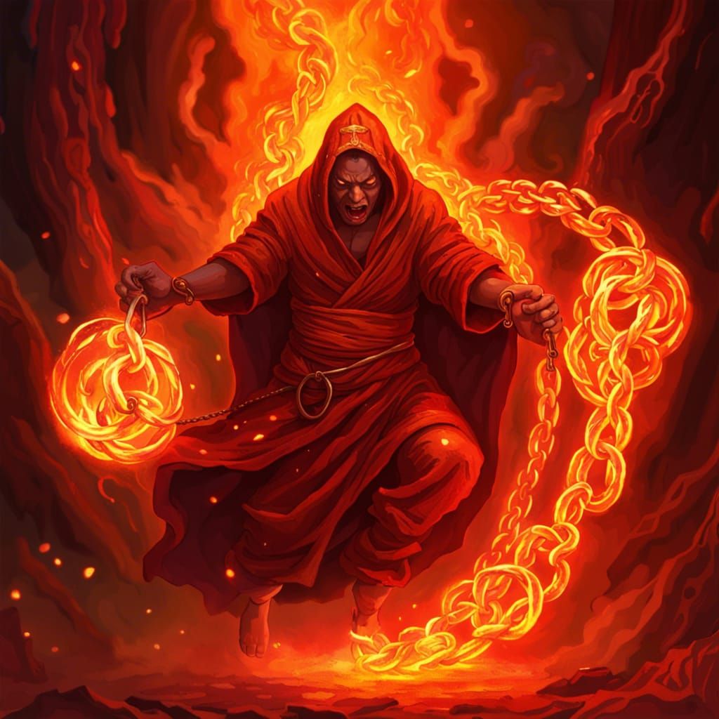 Fire monk wielding fiery chains in hell, hyperdetailed - AI Generated ...