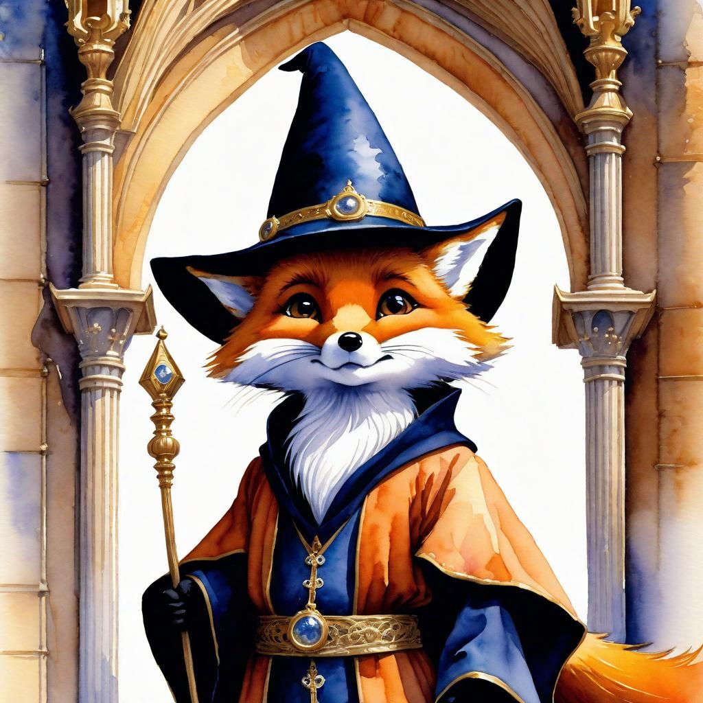 watercolor painting of a cute adorable chibi wizard fox in a magic ...
