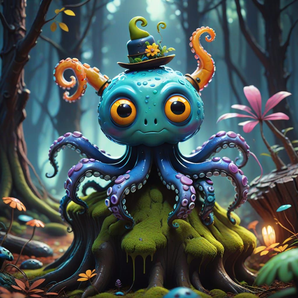Surreal Fae Creature Sits on Glowing Forest Stump - AI Art