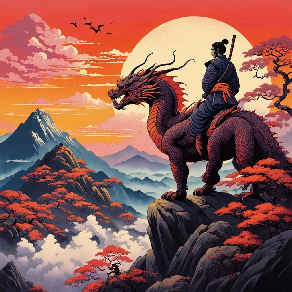 Samurai Warrior in Majestic Sunset with Bonzi Drag... - AI Art