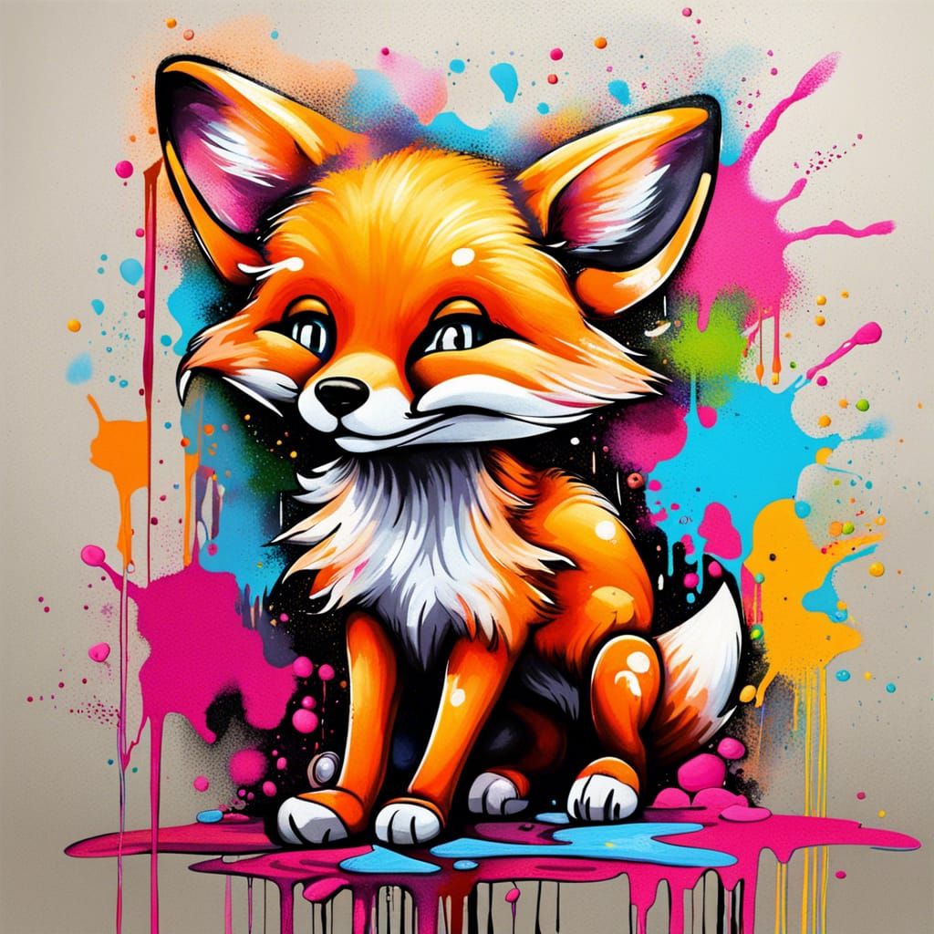 Adorable cute baby fox graffiti art, splash art, street art, spray ...