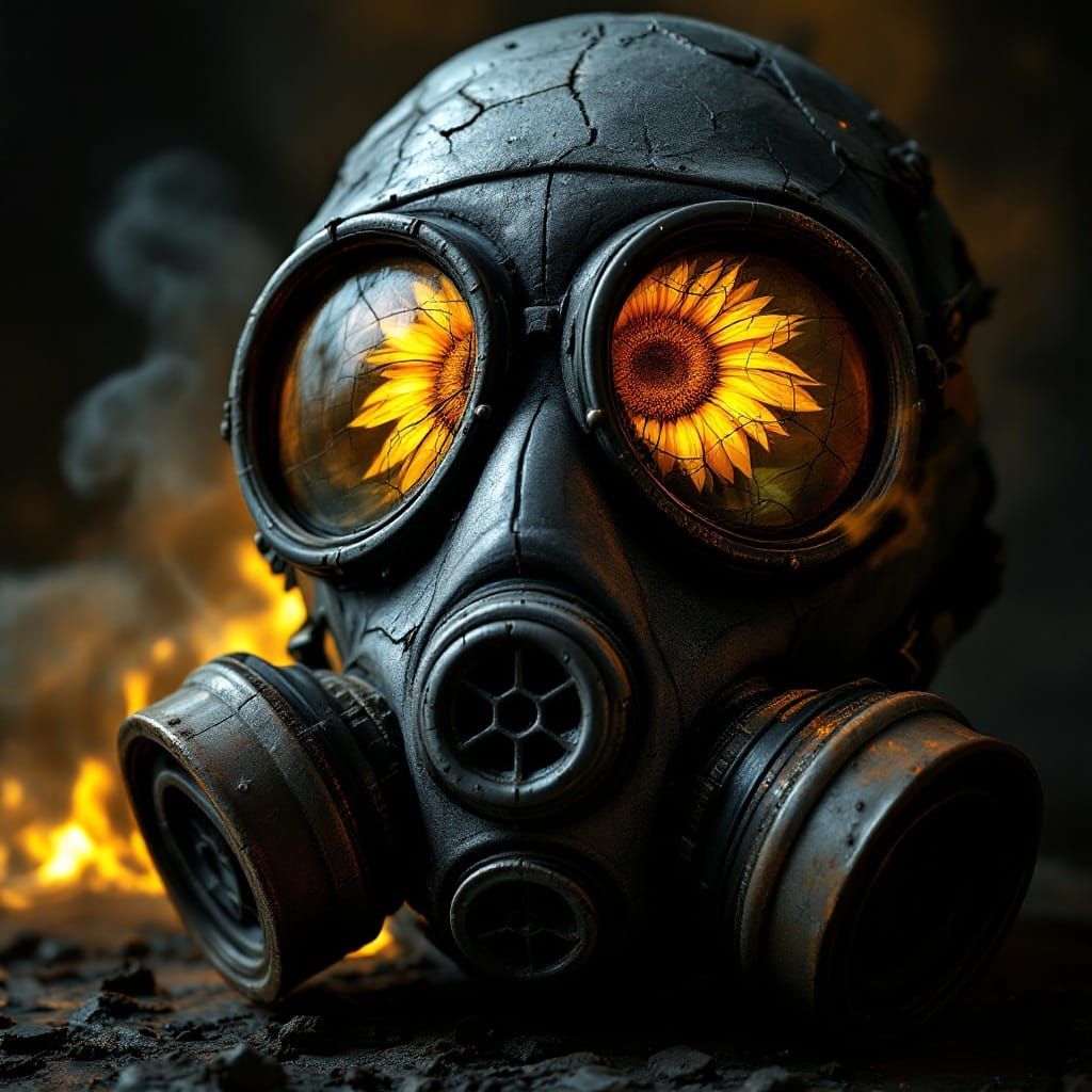 A weathered, Soviet-era gas mask fills the frame, its rounded lenses and thick rubber seals ...