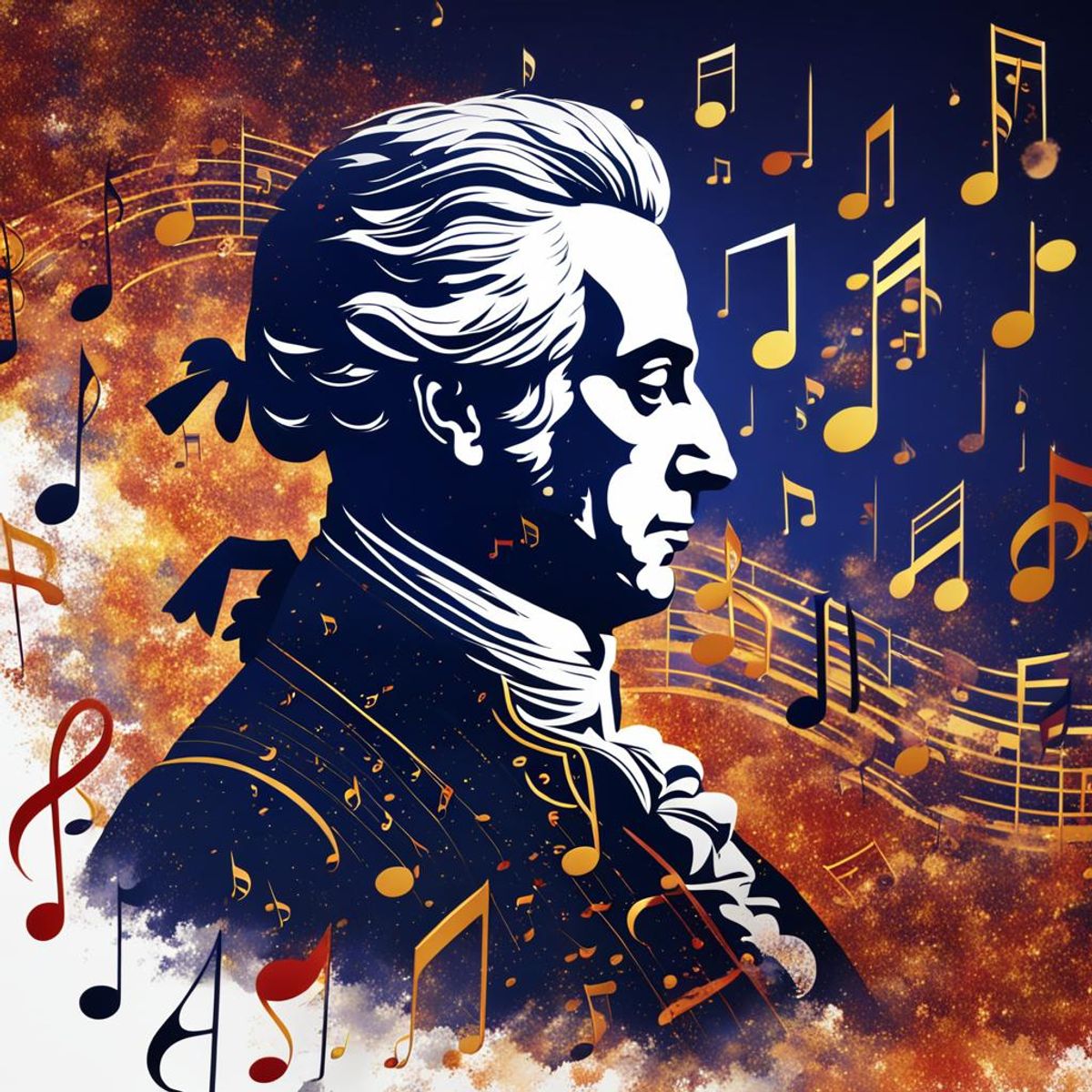 Silhouette of Mozart made up of musical notes - AI Generated Artwork ...
