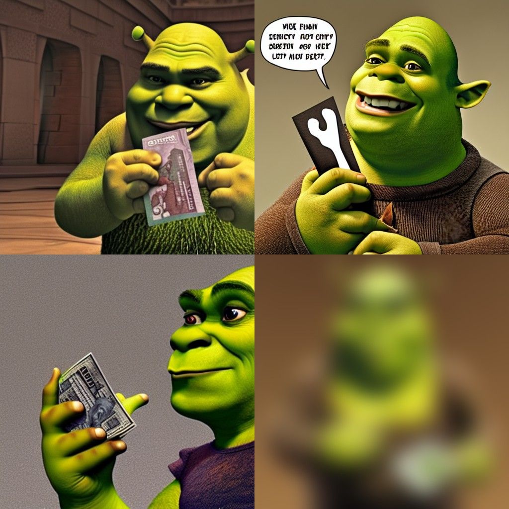Shrek, holding an empty wallet, very sad, no money - AI Generated ...