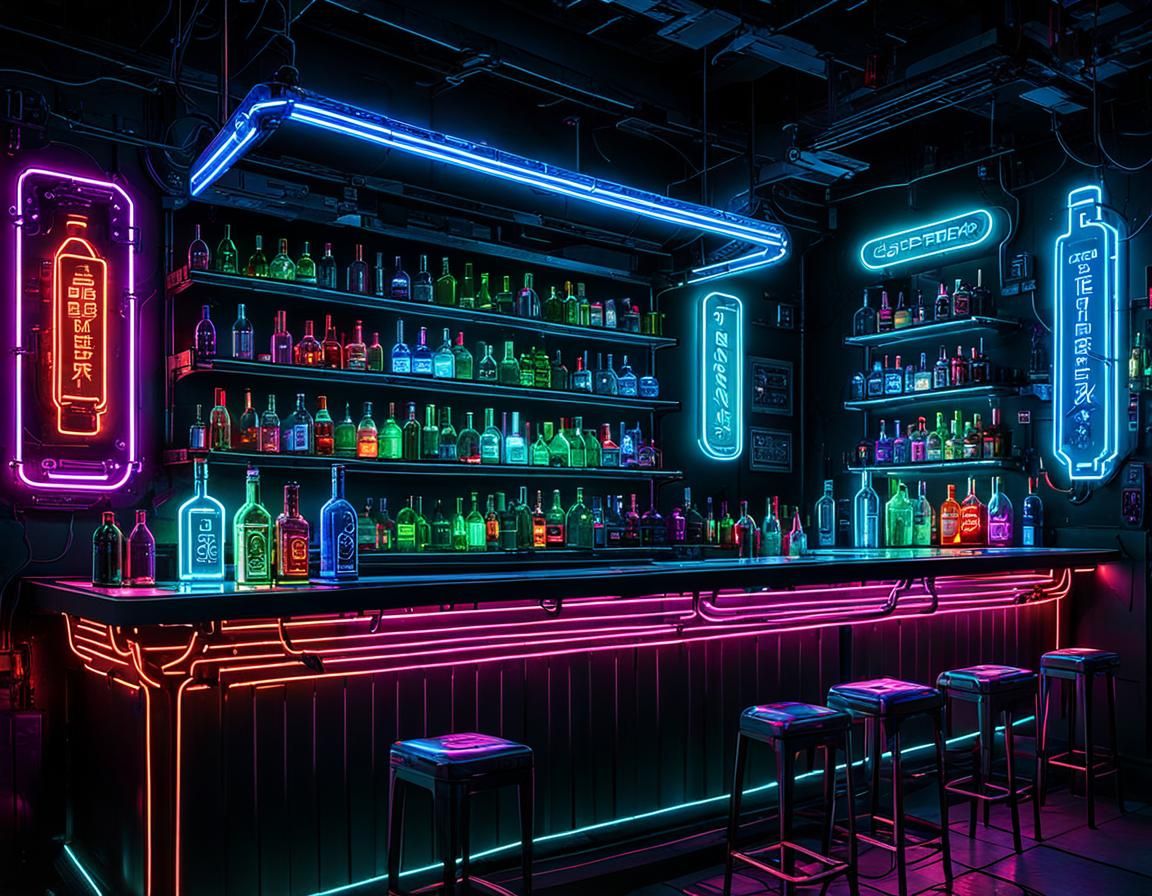 Cyberpunk bar, neon light, luminescent bottles, - AI Generated Artwork ...