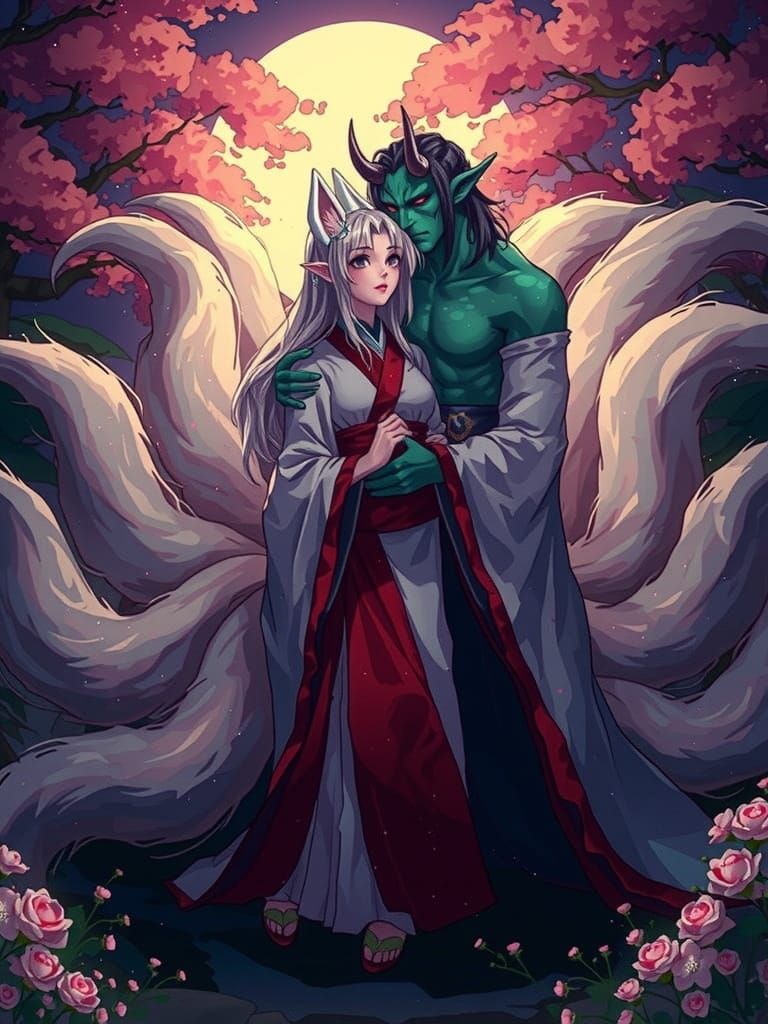 Ethereal Japanese Couple in Whimsical Moonlit Gard... - AI Art