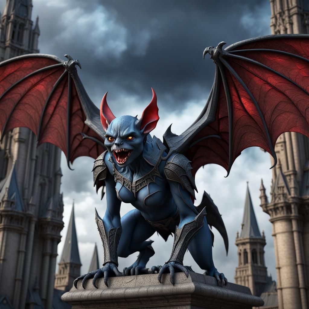 Gargoyle Huge black bat wings, Short Red hair, Blue skin, intricate ...