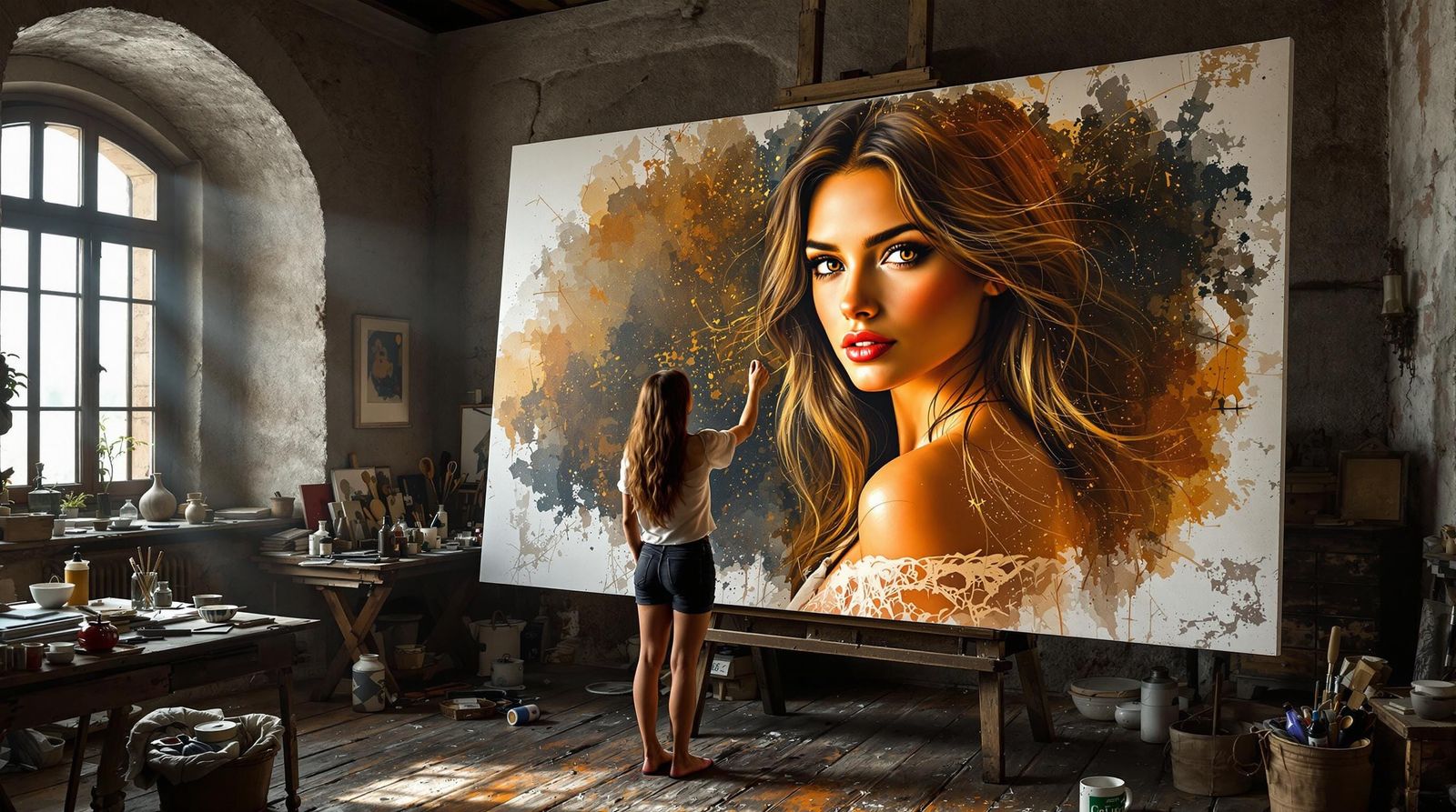 An old, rustic art studio featuring a beautiful Italian lady artist ...