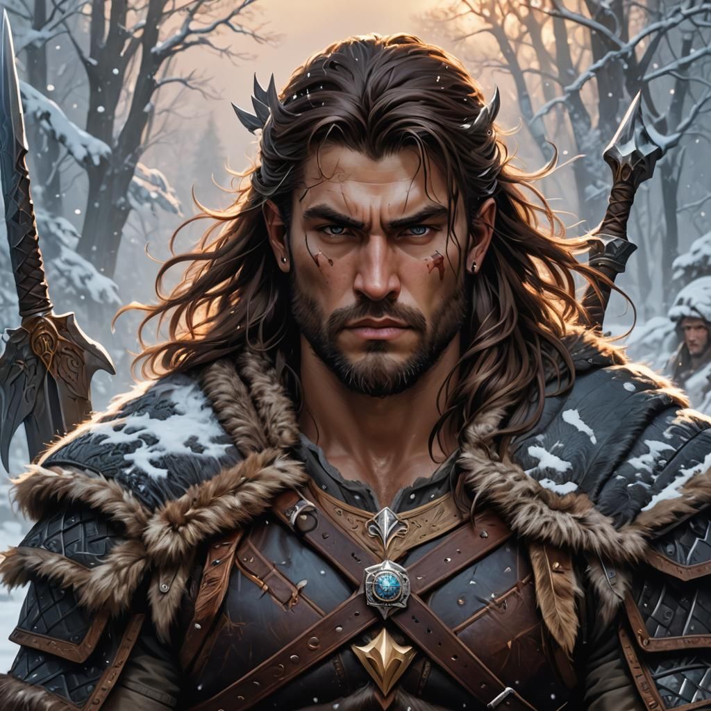 Dark Fantasy attractive male winter barbarian warrior, scenic winter ...