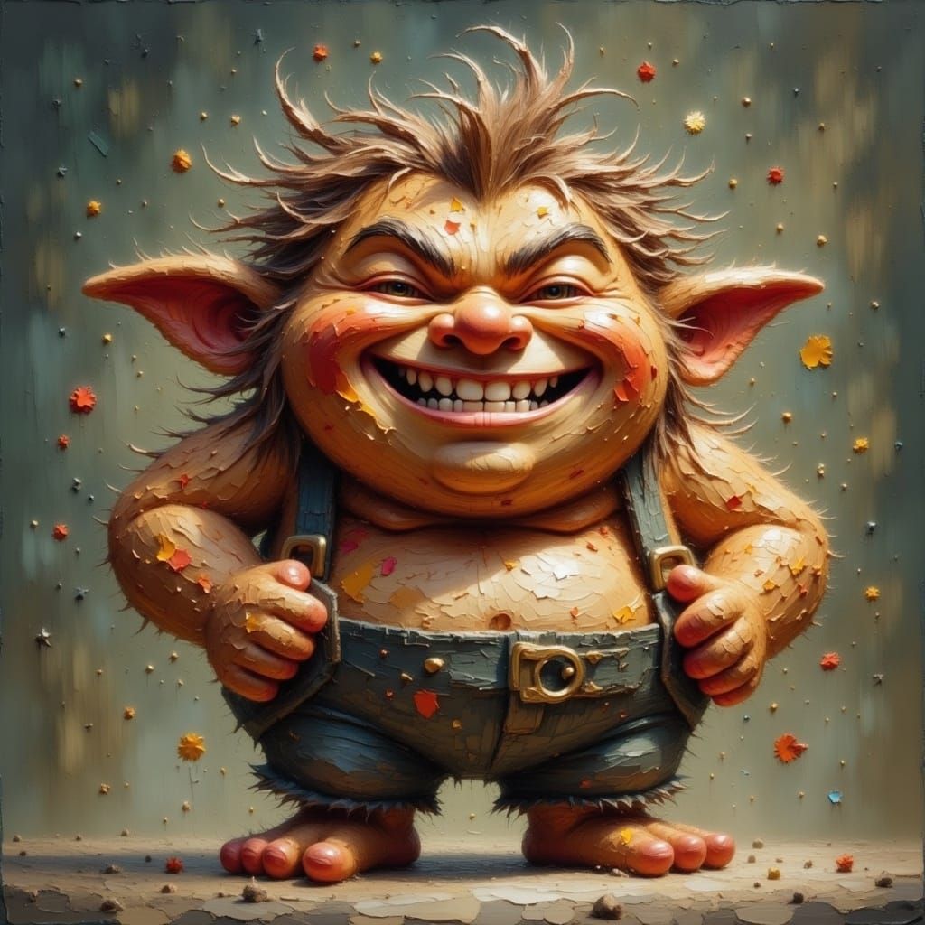 Chubby Cartoon Troll with Cheeky Grin and Sharp Te... - AI Art
